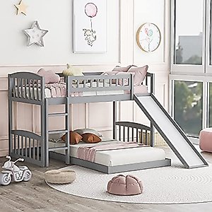 Tidyard Twin Over Twin Bunk Bed with Slide and Ladder, Wood Bed Gray for Bedroom Dorm Guest Room Home Furniture
