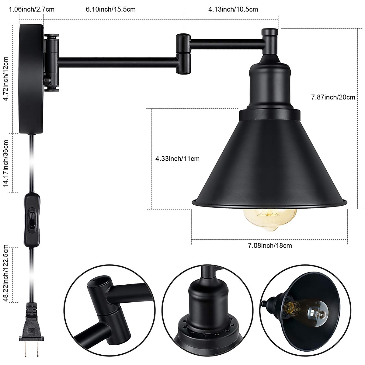 IC INSTANT COACH, Swing Arm Wall Light Fixtures Wall Light Plug-in Cord with On Off Switch on Cord Industrial Wall Sconce Black Finish (2 Lights)