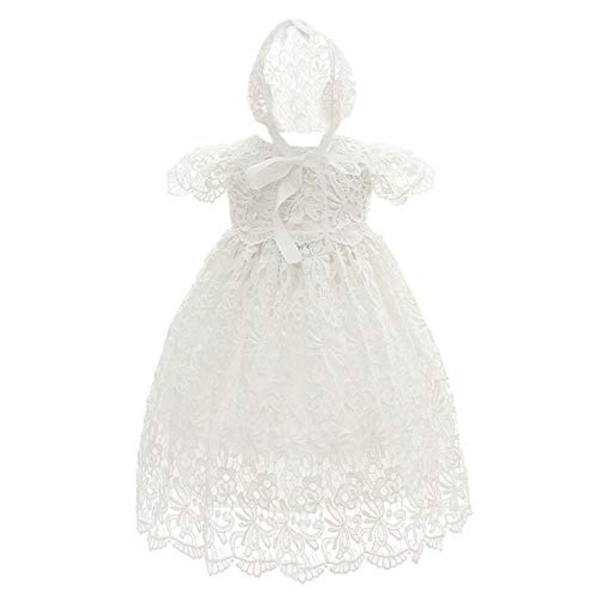 Bow Dream Baby Girls 4Pcs Gown and Bonnet Christening Baptism Dress Lace Baby Dress with Shoes White 3-6 Months