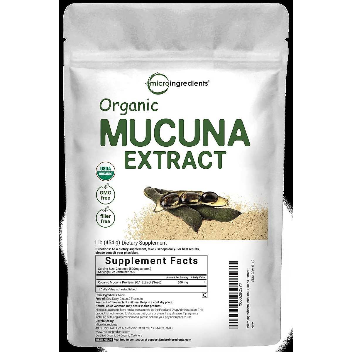 Micro Ingredients Organic Mucuna Pruriens Extract Powder,1 Pound (908 Servings), Pure Mucuna Supplement, Promote Mood, Brain Health and Boosts Immune System, Energy, Vegan Friendly