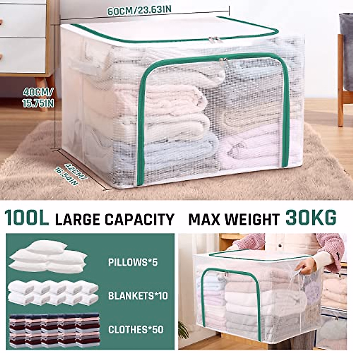 GARPROVM Large & Clear Clothes Storage Bags Totes Organizer, 3-Pack Blanket Comforter Clothing Storage Bags for Organizing Bedroom, Closet with Lid, Front Opening, Zipper and Handles Waterproof 100L