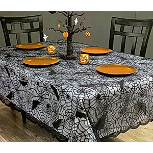 ibohr Halloween Tablecloth with Spiderweb & Bat Design Lace Rectangular Festival Table Cover Halloween Table Decorations for Parties & Gatherings, 100% Polyester, 60 X 84 Inch