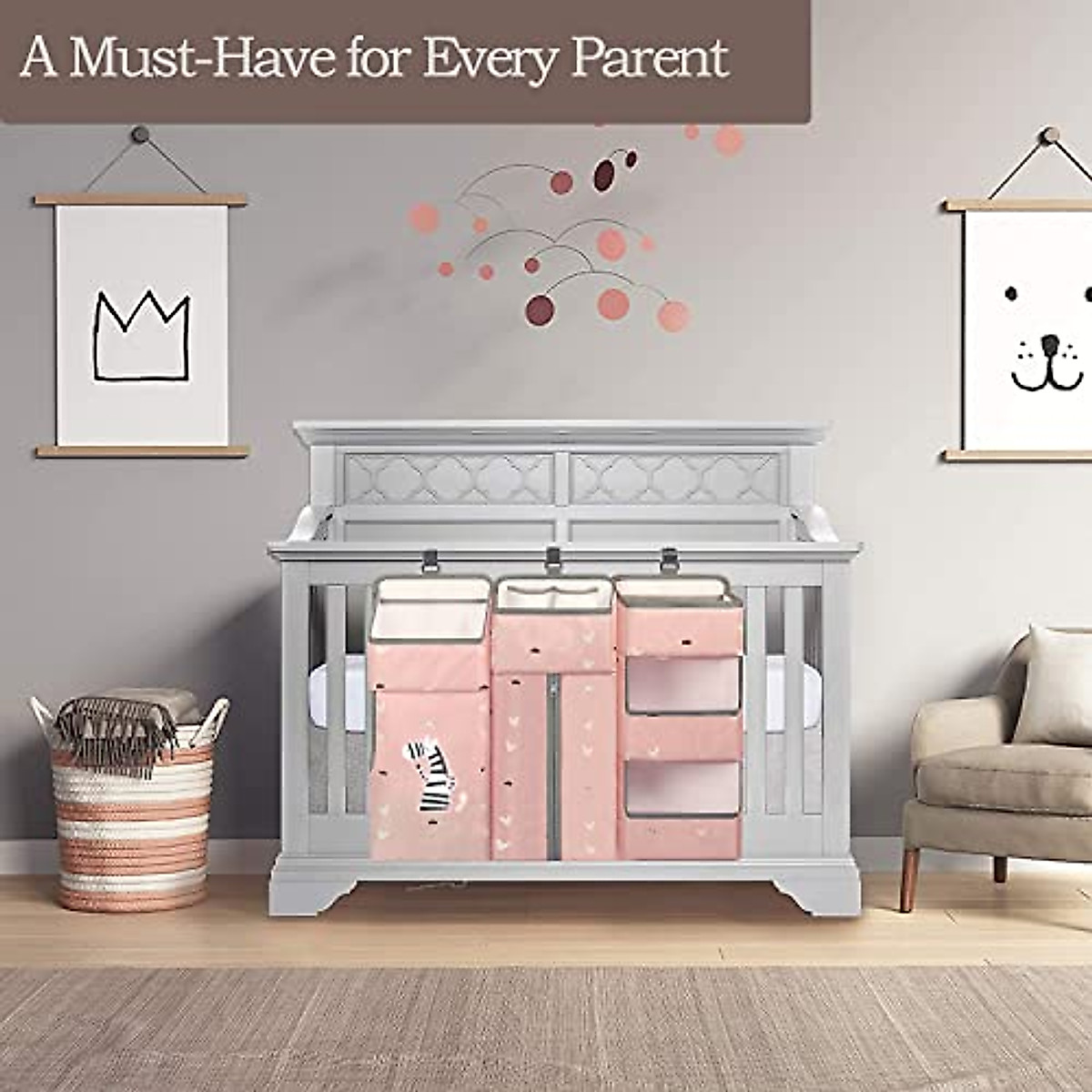 TOCKONIMN Hanging Diaper Caddy Organizer for Baby Crib - 3-in-1 Diaper Stacker for Changing Table Nursery Organization Storage Holder for Baby Essentials Attachment Portable Combining Clothing (Pink)