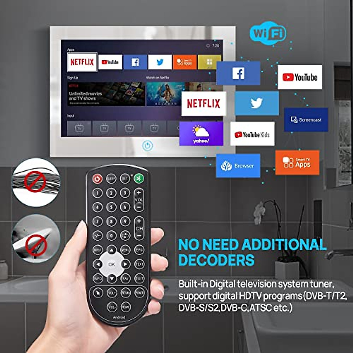 Haocrown 15.6 Inch Small Waterproof TV for Bathroom Showe Kitcken, Smart Touch Screen Mirror Television Built-in Android 11 System 2.4G/5G Wi-Fi Bluetooth (HG156BM, 2023)