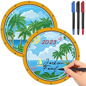 Fabbay 2 Pcs Cruise Door Magnets with 3 Pcs Paint Pens 9.6 Inch Ship Porthole Cruise Door Decorations Magnet Stickers Palm Tree Car Magnets Fridge Decor Magnets for Carnival Cruise Refrigerator Door
