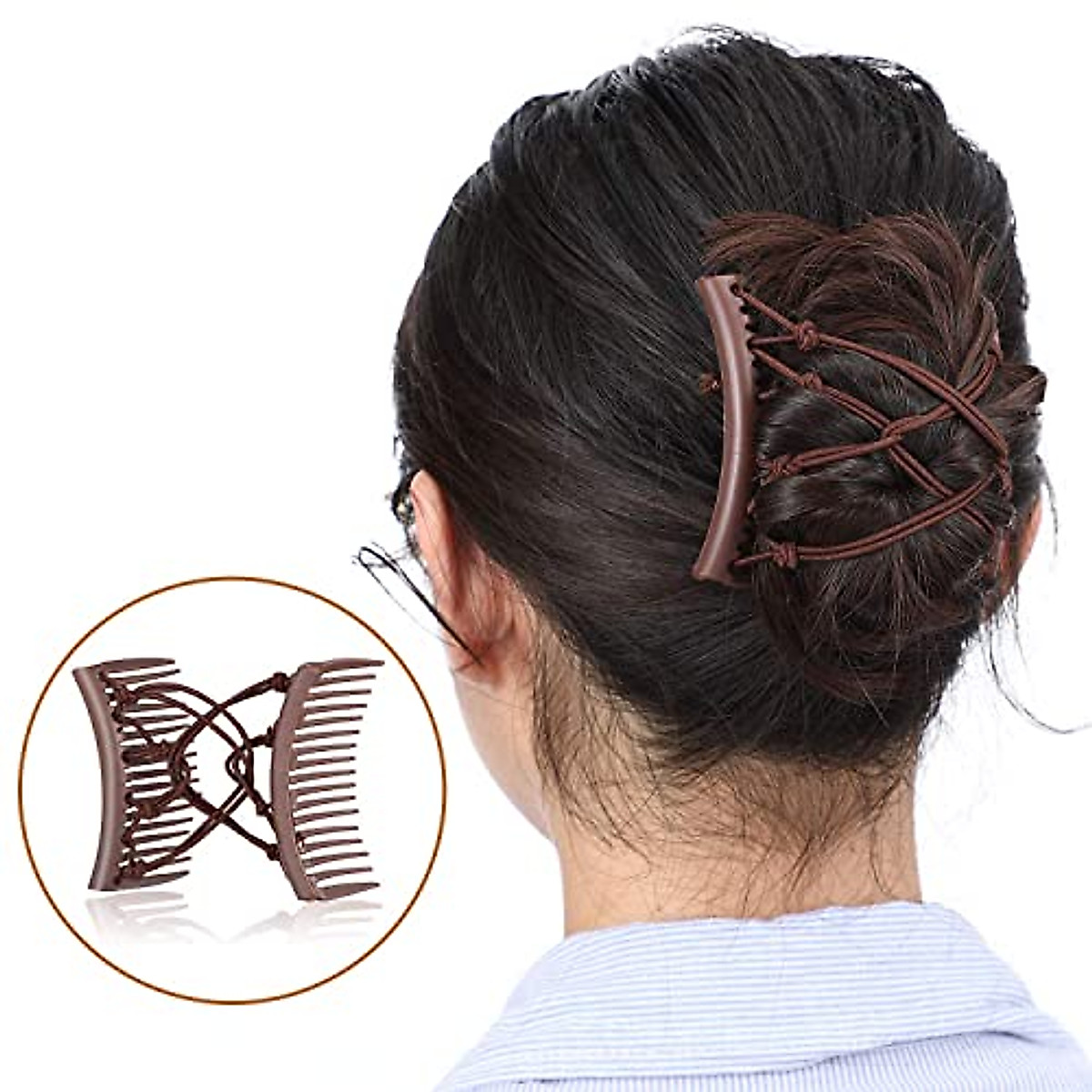 4 Pieces Stretchy Double Comb Hair Clip Adjustable Elastic Hair Comb No Crease Hair Pins Hair Accessories for Women Curly Thick Wavy Hair Ponytail (Black, Coffee)