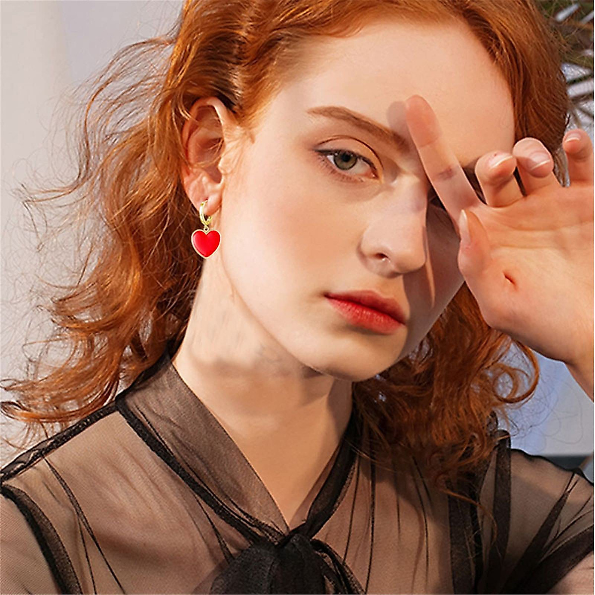 ONLYJUMP 14K Gold Plated Huggie Earrings CZ Tiny Small Hoop Earrings Red Enamel Heart Ear Cuff Initial Huggies Earrings Minimal Jewelry (red heart)