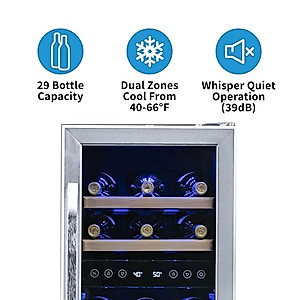 NewAir 15" Built-in or Freestanding 29 Bottle Dual Temperature Zone Wine Fridge, Quiet Operation Wine Cooler with Beech Wood Shelves, Stainless Steel Wine Cellar for Red, White, and Sparkling Wine