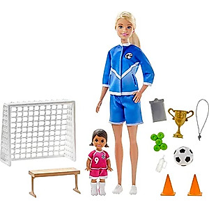 Barbie Soccer Coach Playset with Blonde Soccer Coach Doll, Student Doll and Accessories: Soccer Ball, Clipboard, Goal Net, Cones, Bench and More for Ages 3 and Up