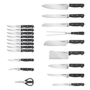 Farberware Forged Triple Rivet Kitchen Knife Block Set with Built-In Knife Sharpener, 21-Piece Set, High-Carbon Stainless Steel Knife Set Includes Meat Cleaver, Carving Fork and 8 Steak Knives, Cherry