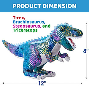 BUILD ME Plush Dinosaur Stuffed Animal Set of 4 Soft Dinosaurs, 12" Stuffed Dinosaur Set Includes T-Rex Brachiosaurus Stegosaurus and Triceratops Toys for Boys, Volcano Toys for Kids 3-5