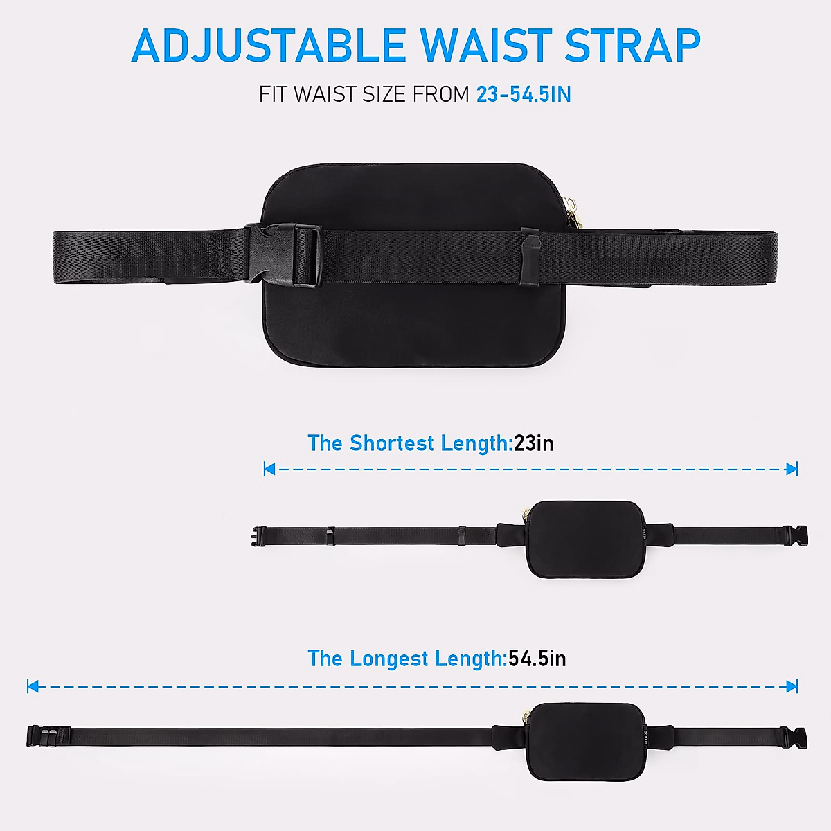 ZORFIN Fanny Packs for Women, Fashion Belt Bag with Two Main Pockets, Crossbody Bays for Travel Workout Outdoor Cycling Hiking (Black)