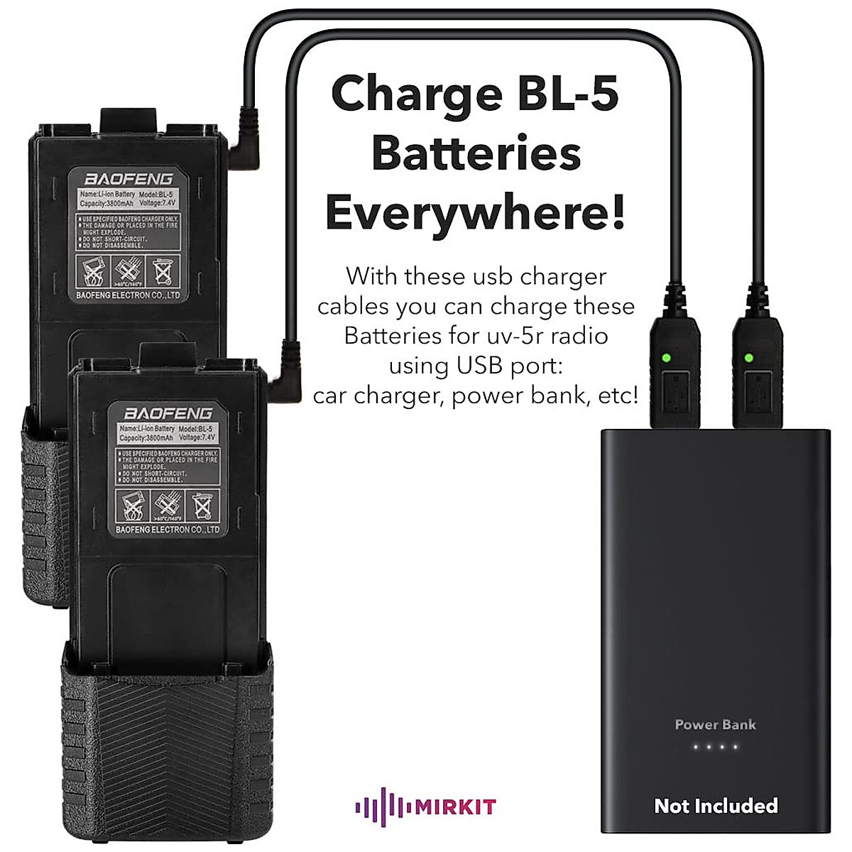 MIRKIT 2pc UV5R Battery BL-5 3800mAh & 2pc 2.5 mm USB Charger Cables with Lanyards Mirkit for Two Way Radio Compatible with Baofeng UV-5R BF-F8HP UV-5RX3 UV-5RTP UV-5X3