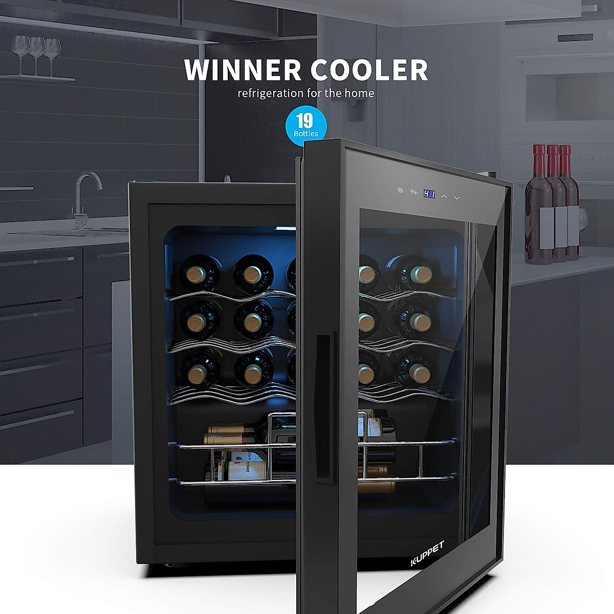 KUPPET 19 Bottles Wine Cooler/Fridge Beverage Refrigerator Small Mini Red & White Wine Cellar Beer Soda.Digital Temperature Display, Double-layer Glass Door, Quiet Operation Compressor