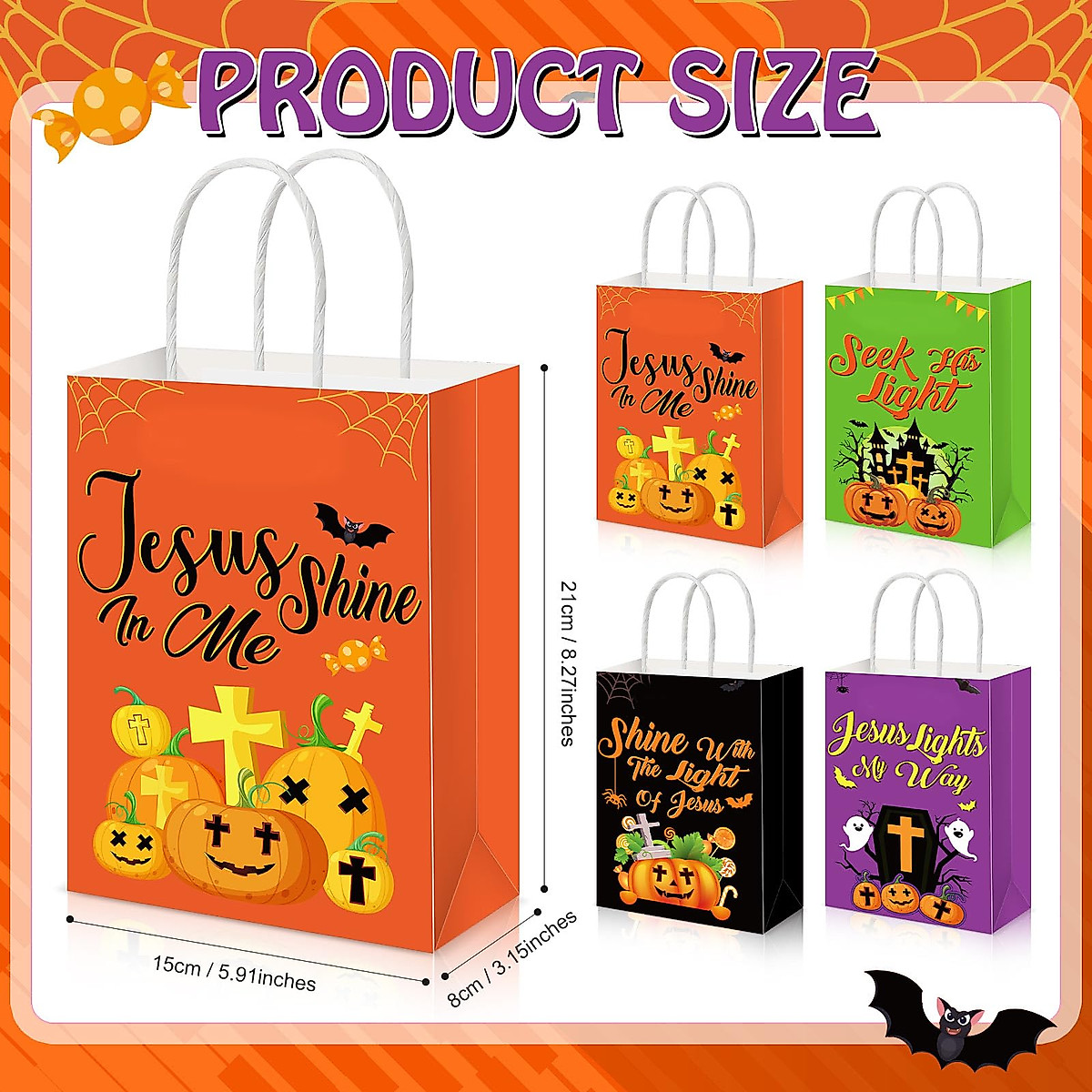 Trandraft 48 Pieces Christian Halloween Paper Bags Bulk Jesus Halloween Treat Bags with Handle Religious Halloween Paper Goodie Bags Small Candy Bags for Halloween Party Decor Gift