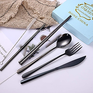 AARAINBOW 6 Pieces 18/8 Stainless Steel Flatware Set Portable Reusable Cutlery Set Travel Utensils Set Including Chopsticks Knife Fork Spoon Straws Cleaning Brush Dishwasher Safe (Black)