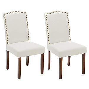 DUMOS Dining Chairs Set of 2, Fabric Dining Room Chairs, Upholstered Parsons Chairs with Nailhead Trim and Wood Legs, Kitchen Side Chair for Dining Living Room,Bedroom - Beige