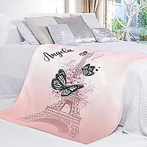 Butterfly and Eiffel Tower Personalized Name Soft Fleece Bed Blankets Throws as Birthday Wedding Gifts for Sofa Couch 50'' x 60''