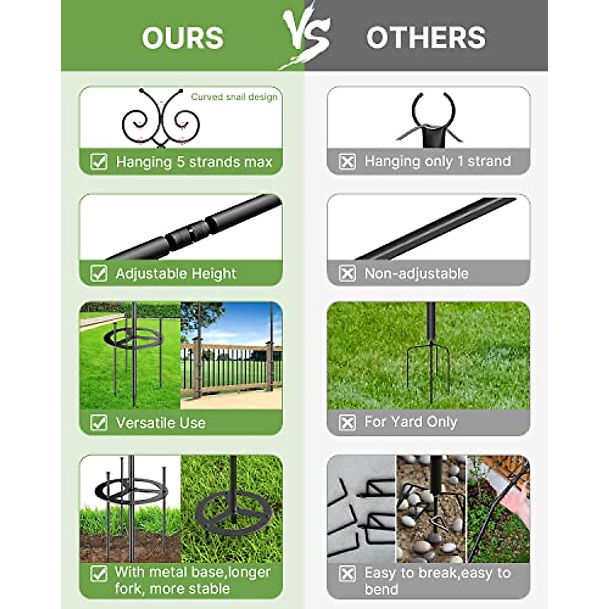 Outdoor String Light Poles 2 Pack, 9 FT Light Poles for Hanging Outside String Lights with Hooks, Adjustable Metal String Light Pole for Patio Fence Backyard Deck Garden Bistro Christmas Wedding