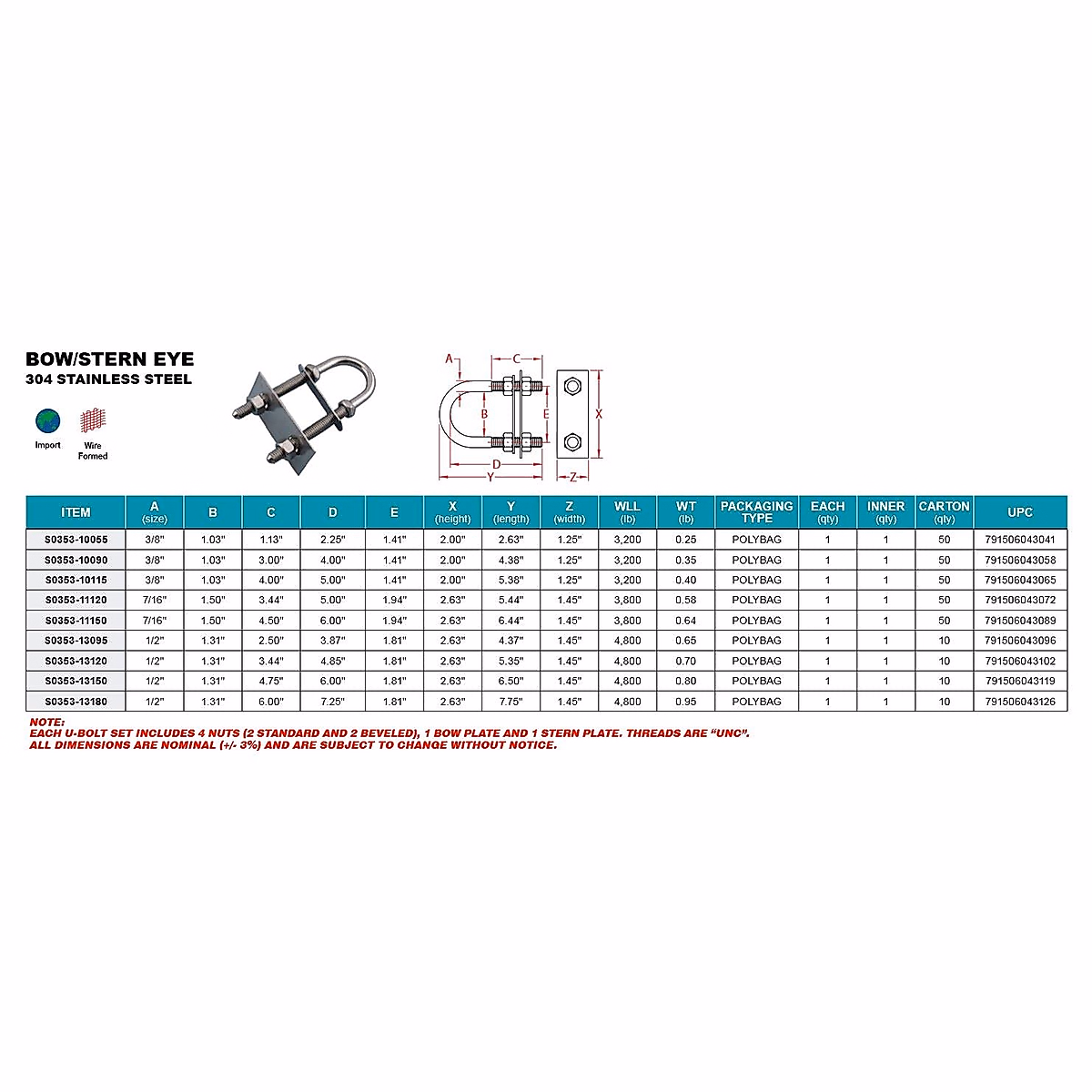 STAINLESS STEEL BOW/STERN EYE, 3/8" TO 1/2", U-BOLT INCLUDES 4 NUTS (9 DIFFERENT SIZES) (S0353-13150)