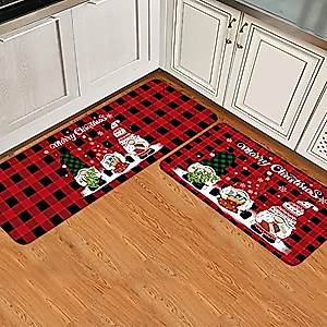 Perdecor Kitchen Rugs and Mats Water Absorbent Non Skid Gnomes Santa Snowflake Red Black Buffalo Plaid Ugly Print, 20210910-GYT-PER001SLXM10373MDEAPED, 15.7x23.6 inch+15.7x47.2 inch