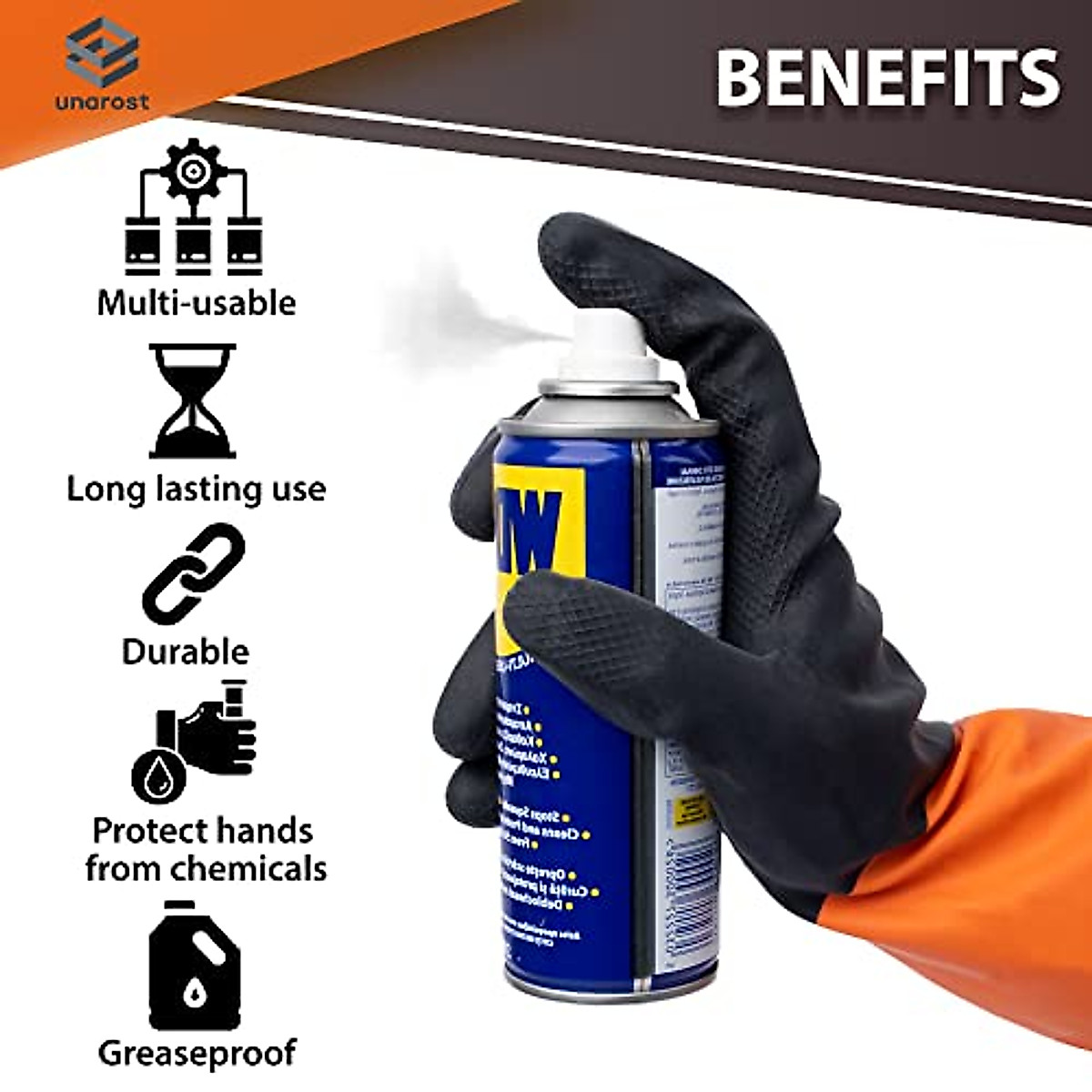 UNAROST Chemical Resistant Gloves for Heavy-duty Utility - 2 Pairs Thick Long Rubber Protective Gloves (Large)