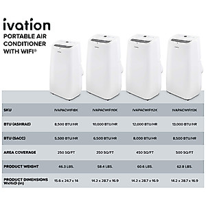 Ivation 13,000 BTU Portable Air Conditioner with Wi-Fi for Rooms Up to 500 Sq Ft (8,500 BTU SACC) 3-in-1 Smart App Control Cooling System, Dehumidifier and Fan with Remote, Exhaust Hose & Window Kit