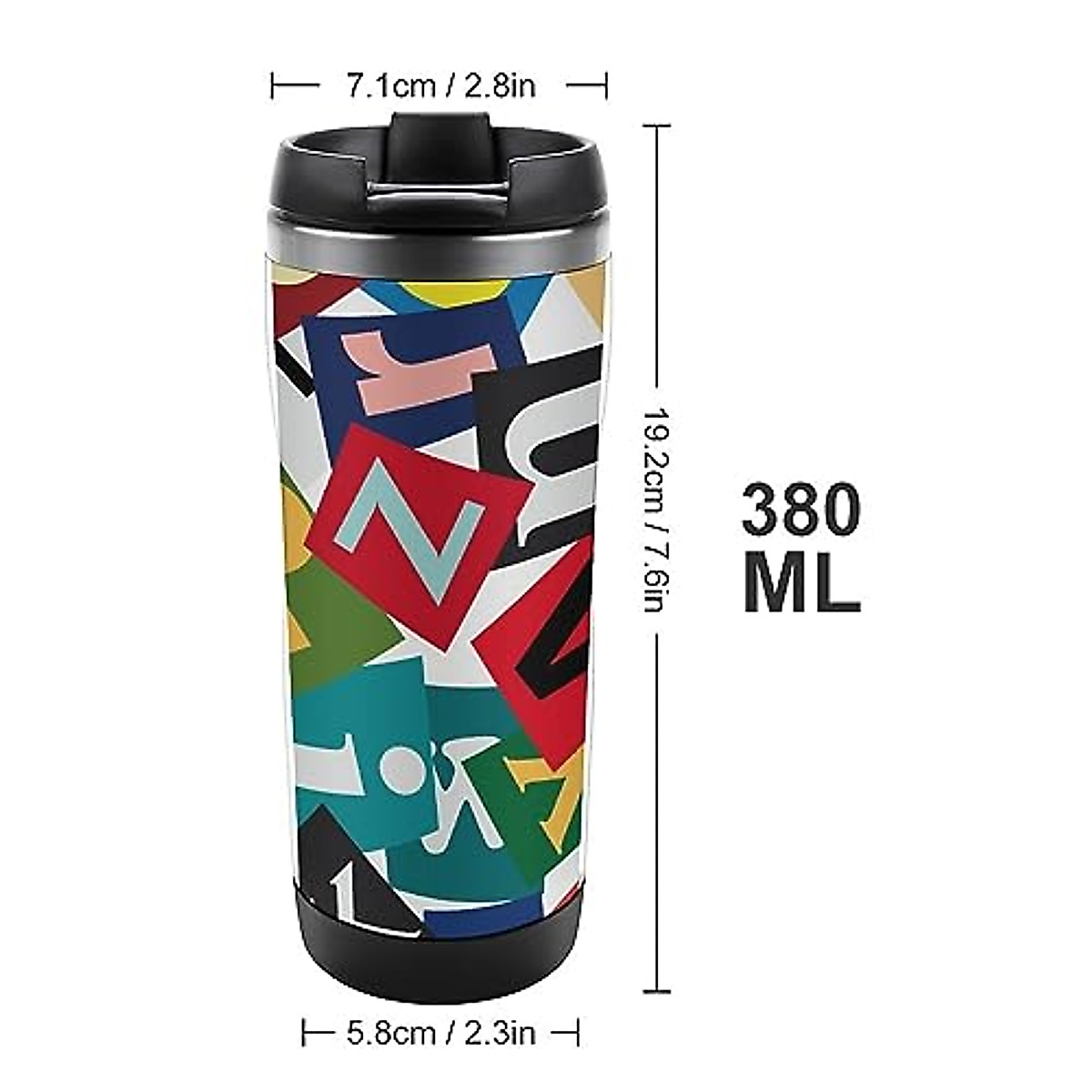 KS-QON BENG Colour Alphabet Travel Mug 12 Oz Travel Coffee Cup Stainless Steel Insulated Tumbler with Flip Lid Double Wall Keep Cool/Warm Water Cup for Women Men