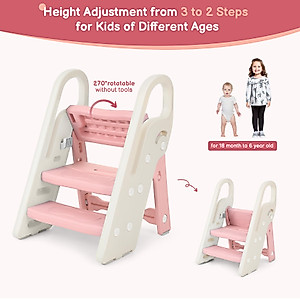 Onasti Foldable Toddler Step Stool for Bathroom Sink, Adjustable 3 Step Stool for Kids Toilet Potty Training Stool with Handles, Child Kitchen Counter Stool Helper, Plastic Ladder for Toddlers Pink