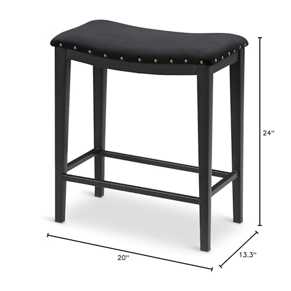 KATDANS Black Bar Stool Counter Height 24 Inches Backless Barstool for Kitchen Counter Modern Saddle Stool Velvet Nailhead Upholstered Faux Leather Stool, KS718PBK, 1Pc