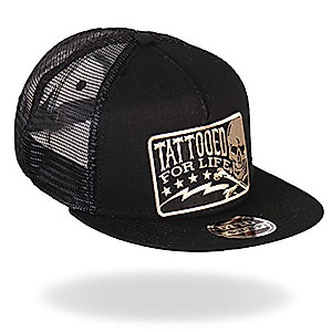 Hot Leathers Mens Motorcycle Tattooed For Life Skull And Bolts Snap Back Hat, Black
