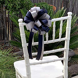 Navy Blue and Silver Decorative Pull Bows - 8" Wide, Set of 6, Christmas, Hanukkah, Wedding Ribbons, Father's Day, School Dance, Boxing Day