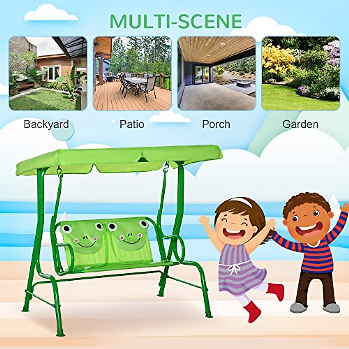 Outsunny Porch Swing for Kids with Adjustable Canopy to Block Sun at Angles, Kids Swing Chair with Seatbelts, Frog Gift for Kids, Tree Bark Brown, for Ages 3-6, Green
