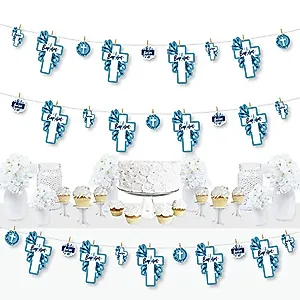 Big Dot of Happiness Baptism Blue Elegant Cross - Boy Religious Party DIY Decorations - Clothespin Garland Banner - 44 Pieces