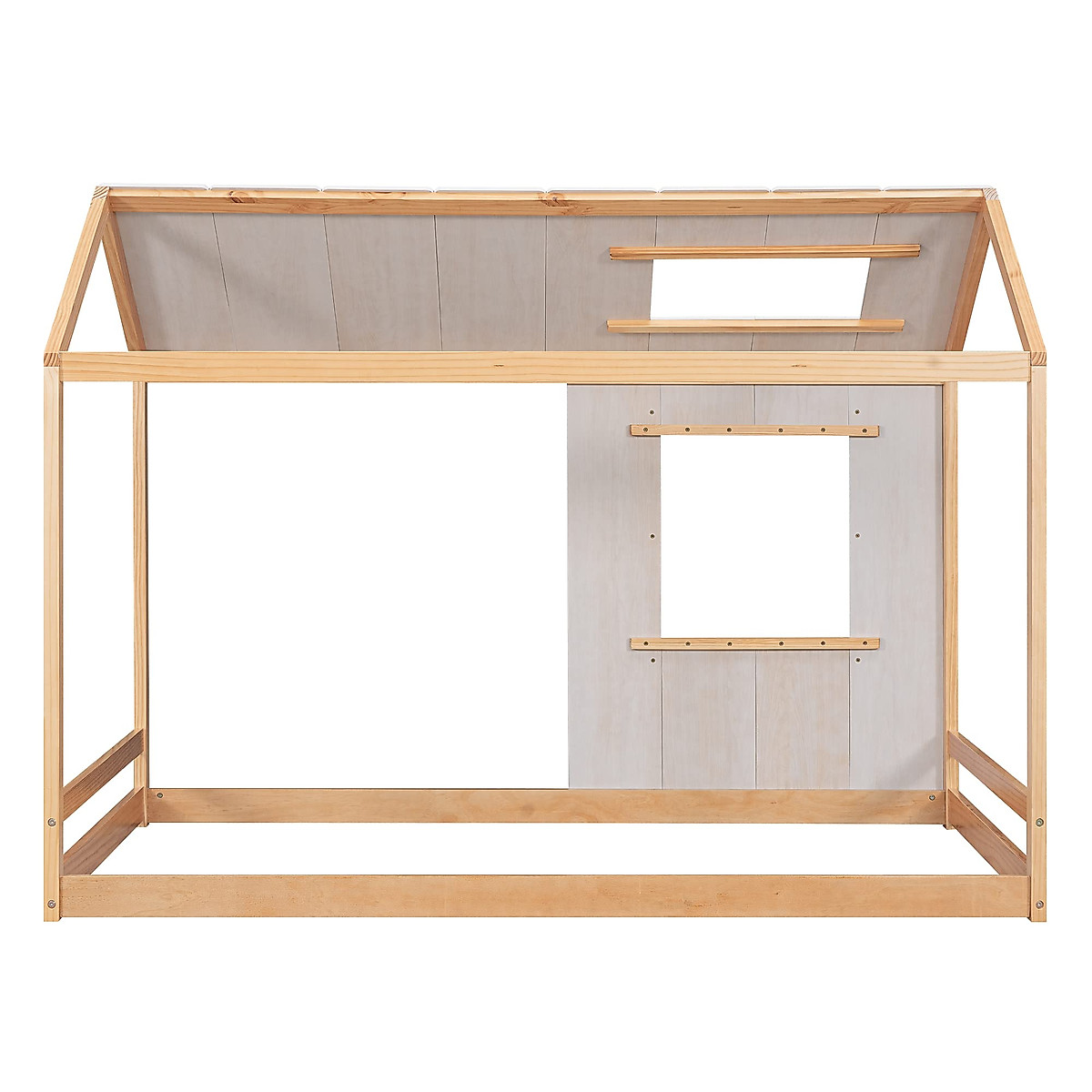 Twin House Bed for Kids, Wooden Twin Floor Bed Frame with Roof and Window, for Girls Boys (Twin Size, Natural+Antique White)