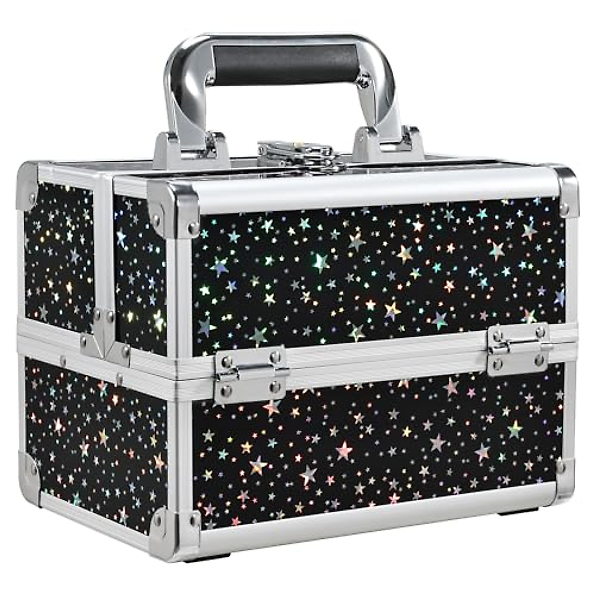 Joligrace Makeup Train Case Portable Cosmetic Box 2 Trays with Mirror Lockable for Makeup Nail Tech and Beauticians Traveling Makeup Storage Organizer - Black Star
