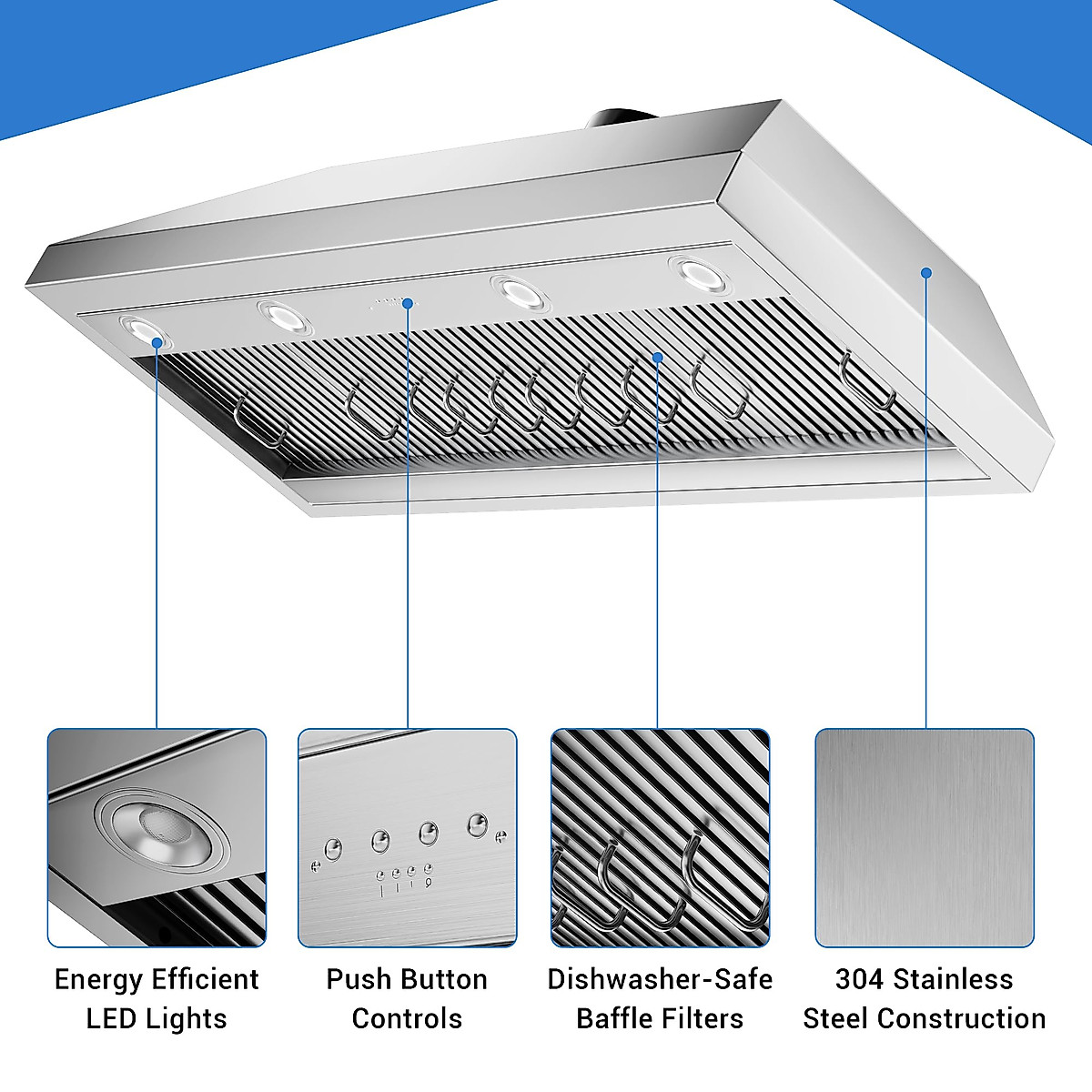 CT Copper Tailor Built-in Range Hood Insert Vent 48 Inch, 1150 CFM with 4-Speed Fan, LED Light, Dishwasher-safe Baffle Filter,Stainless Steel