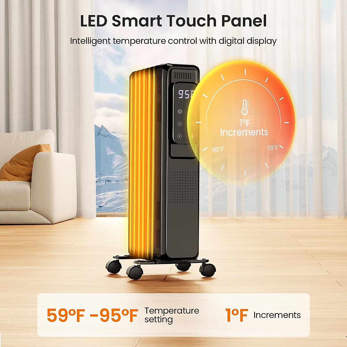 Kismile Radiator Heater,1500W Electric Portable Space Oil Filled Heater with LCD Display,4 Modes,Remote Control,Overheat & Tip-Over Protection,Digital Thermostat,24H Timer, for Indoor Use, Black