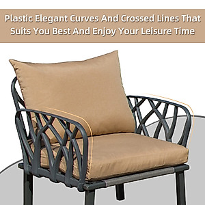 Domi Outdoor 4 PCS Patio Conversation Set with Removable Grey Cushions, Plastic Dining Table and Chairs Dining Set for Garden Lawn Yard