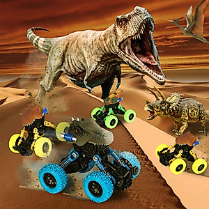 FDUFN 4 Pcs Dinosaur Toys Pull Back Cars Dino Toys for 3 Years Old and Up Boys and Girls, Toddlers Toy Age 3, 4, 5, 6, 7, 8, 9, T-Rex Dinosaur Games Monster Trucks, Christmas Birthday Gifts for Kids