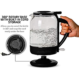 Ovente Electric Glass Kettle 1.5 Liter 1500W Power Portable Instant Hot Water Boiler Heater with ProntoFill Tech & Automatic Shut Off, Fast Boiling Cordless Body for Coffee Milk Tea, Black KG516B