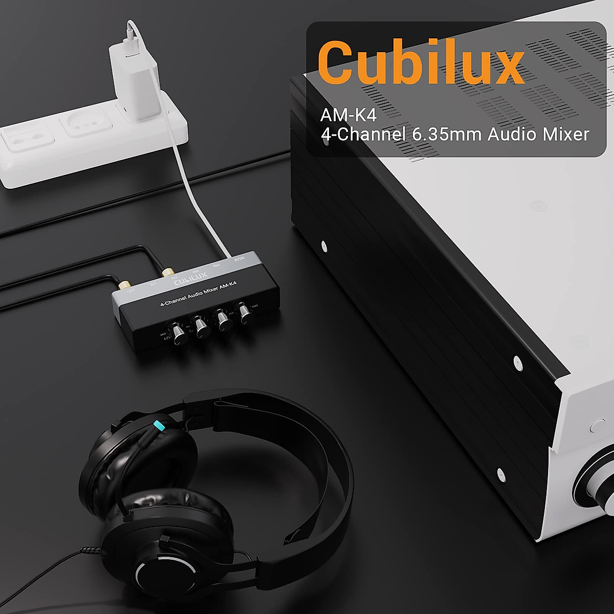 Cubilux AM-K4 6.35mm Audio Mixer [Ultra-Low Noise, HiFi AMP] 4-Channel Line-In 1/4” Mini AUX Mixer, Quarter Inch Small Stage Sub Mixer for Guitar Bass Keyboard Drum, Club Bar Studio