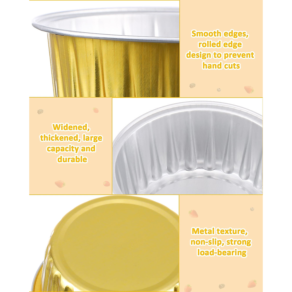 150 Pcs Patelai Aluminum Foil Cups 4.2 oz Mini Baking Cups Gold Cupcake Liners Disposable Ramekins Foil Muffin Pans for Pie Souffle Pudding Holder Wedding Birthday Party (Round)