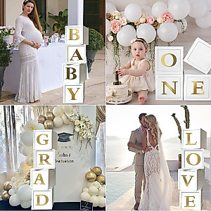 Baby Shower Boxes Party Decorations - 4pcs Stereoscopic White Baby Balloon Boxes with Gold Baby+A-Z Letters,Baby Party Boxes Baby Blocks for Teddy Bear Baby Shower,Boy Girl 1st Birthday Party Backdrop