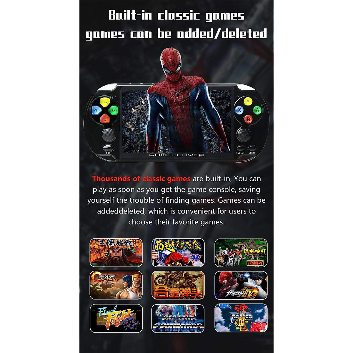 CZT 5.1-inch multi-function video game console color crystal buttons built-in 9600 games MP3MP4 lithium battery game archive AV OUT DV/DC hand-held gaming device (Black)