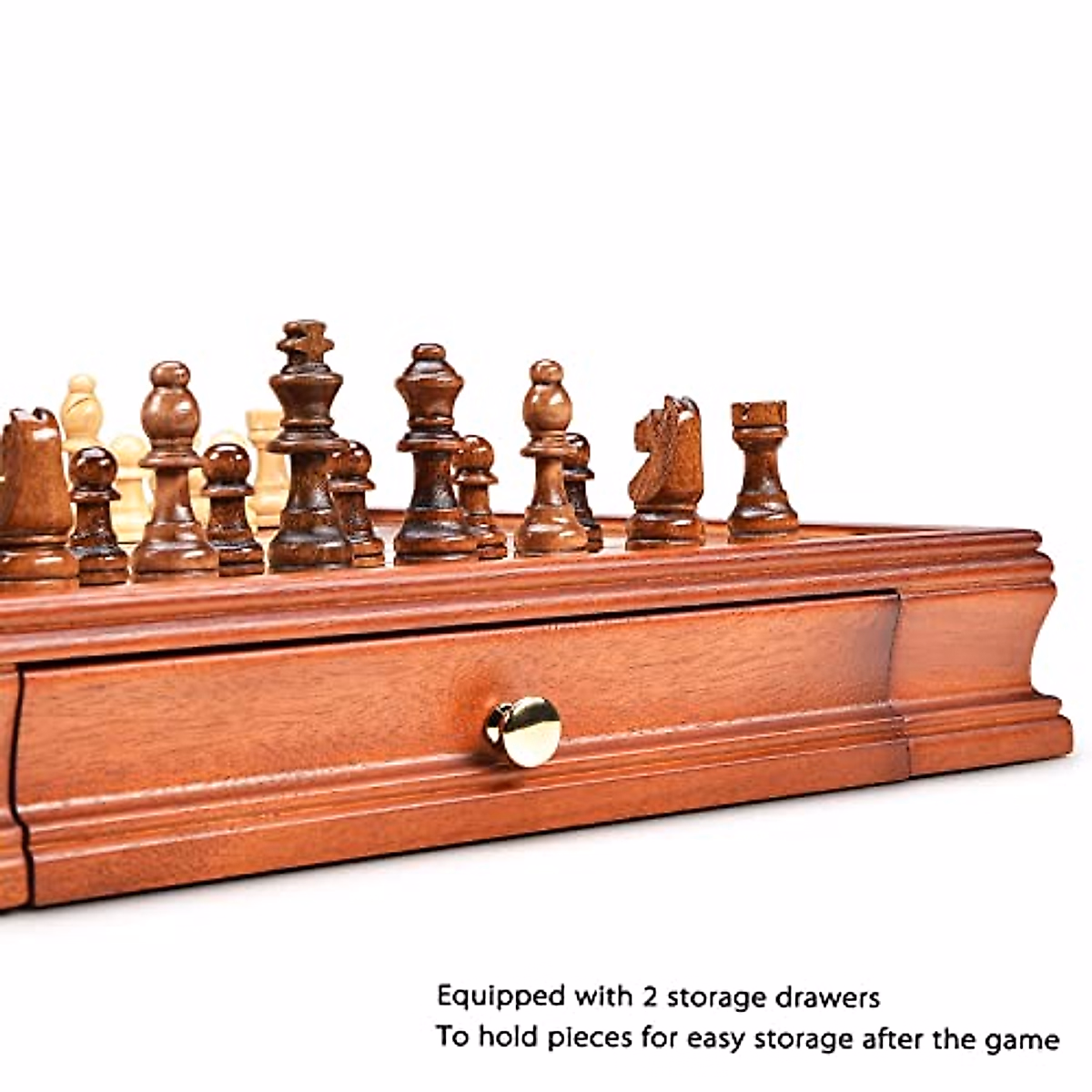 AMEROUS 12.8'' Magnetic Wooden Chess Set / 2 Built-in Storage Drawers / 2 Extra Queen/Gift Package/Chess Rules/Classics Strategy Board Games Chess Sets for Kids and Adults