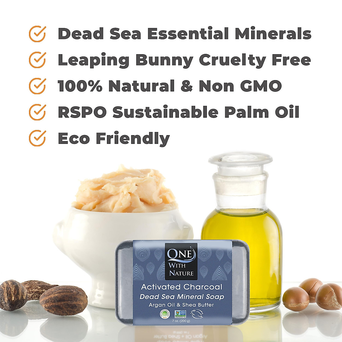 One With Nature Activated Charcoal Soap Bar with Dead Sea Minerals 4oz 6Pack in Gift Box for Face, Body, All Skin Types - Contains Shea Butter, Argan Oil, Magnesium, Sulfur, and 21 Essential Minerals