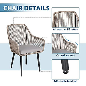 JOIVI 5 Piece Outdoor Dining Set, Wicker Patio Furniture Dining Table and Chairs Set with Cushions for 4 People, Tempered Glass Tabletop with 2.16” Umbrella Hole, for Lawn, Backyard, Garden