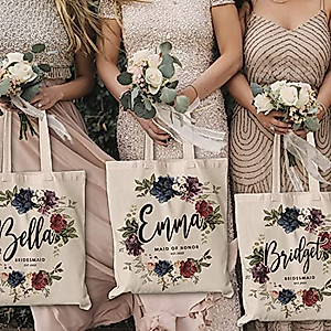 Personalized Wedding Gift Bags for Women w/Name & Text - 6 Floral Designs Customized Bridesmaid Canvas Bag Custom Flower Bride Shoulder Bachelorette Party Bridal Shower Tote C1, Beige