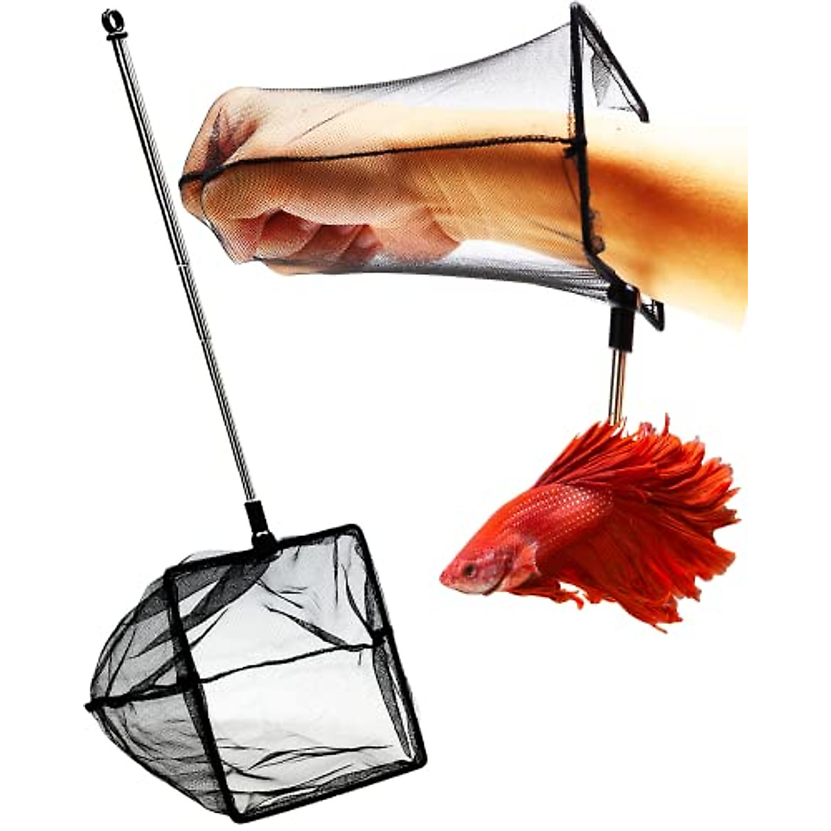 Aquarium Betta Fish Net Protect Delicate Fin, Soft Fine Deep Mesh Scooper w/Sturdy Extendable 7~14 Inch Stainless Steel Long Handle for Shrimp Fish Tank Small Pond & Pool (5 Inch Aquarium net)